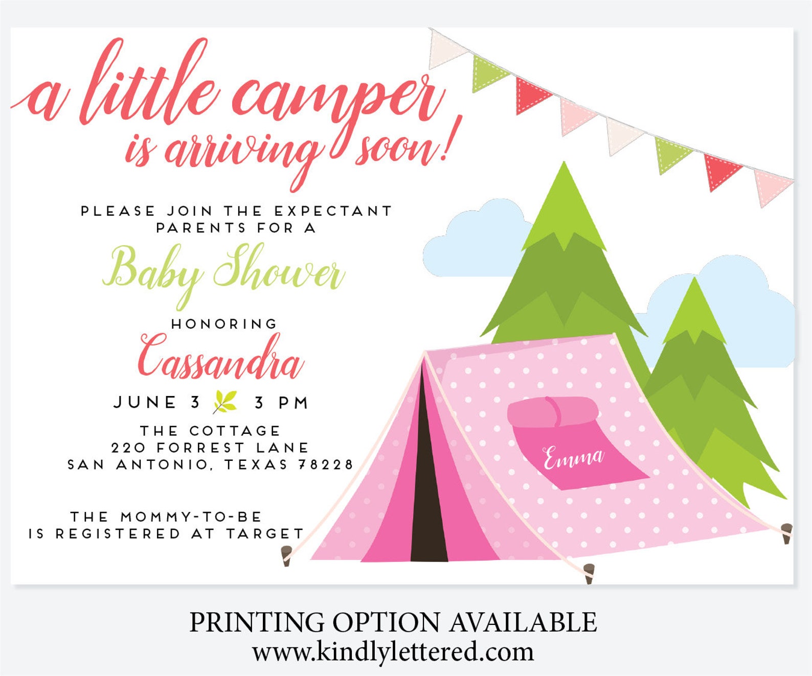 Camping Baby Shower Invitation-pink Tent Invitation-floral | Etsy