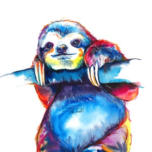 Colorful SLOTH Art Print of Original Watercolor Painting Bright Rainbow ...