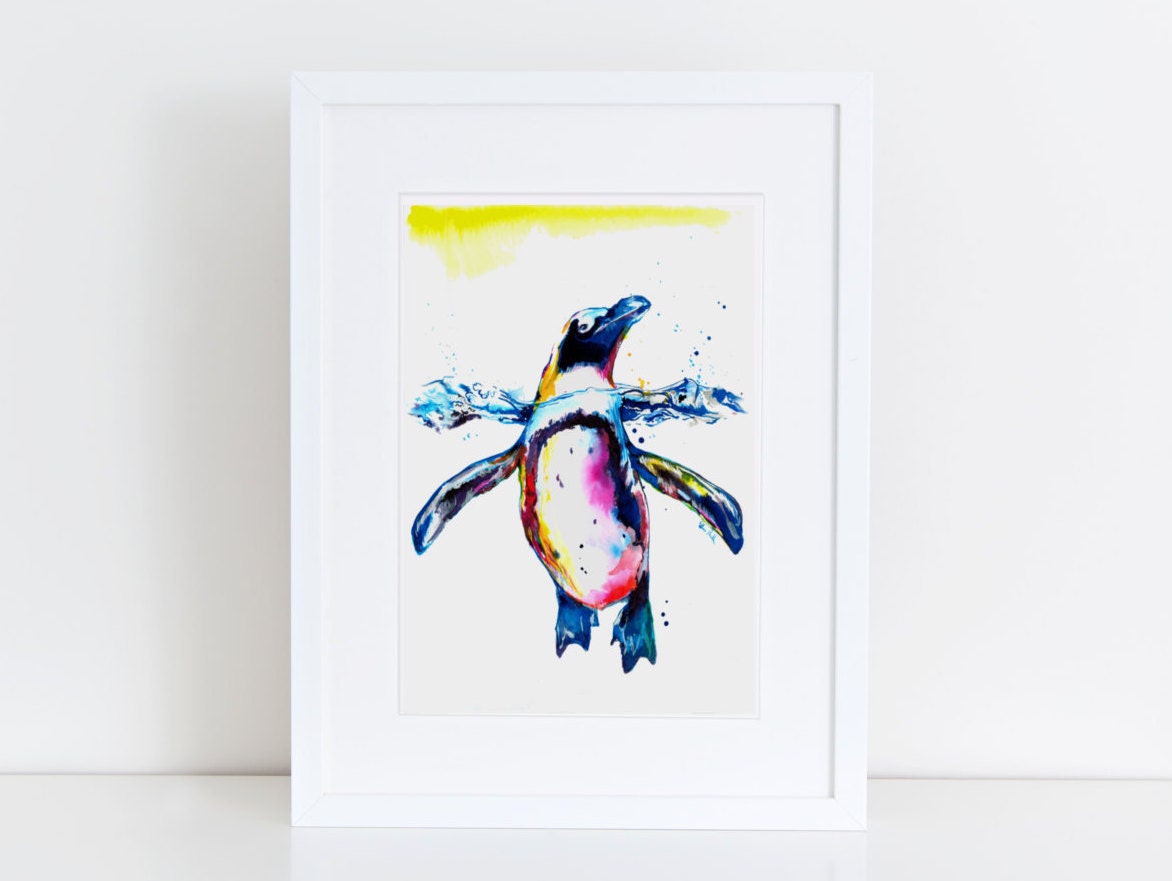 Colorful PENGUIN Art Print of original watercolor painting | Etsy