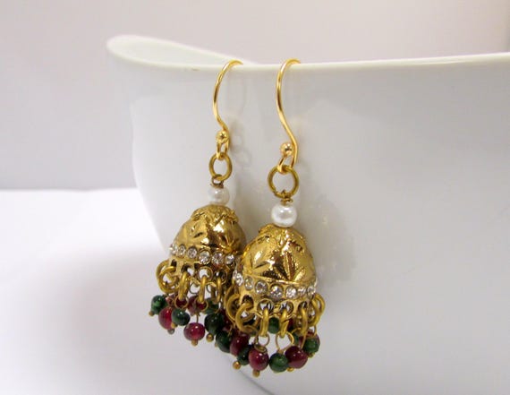 Ethnic Dull Gold Pearl and Red and Green Bead Jhumka Earrings | Etsy