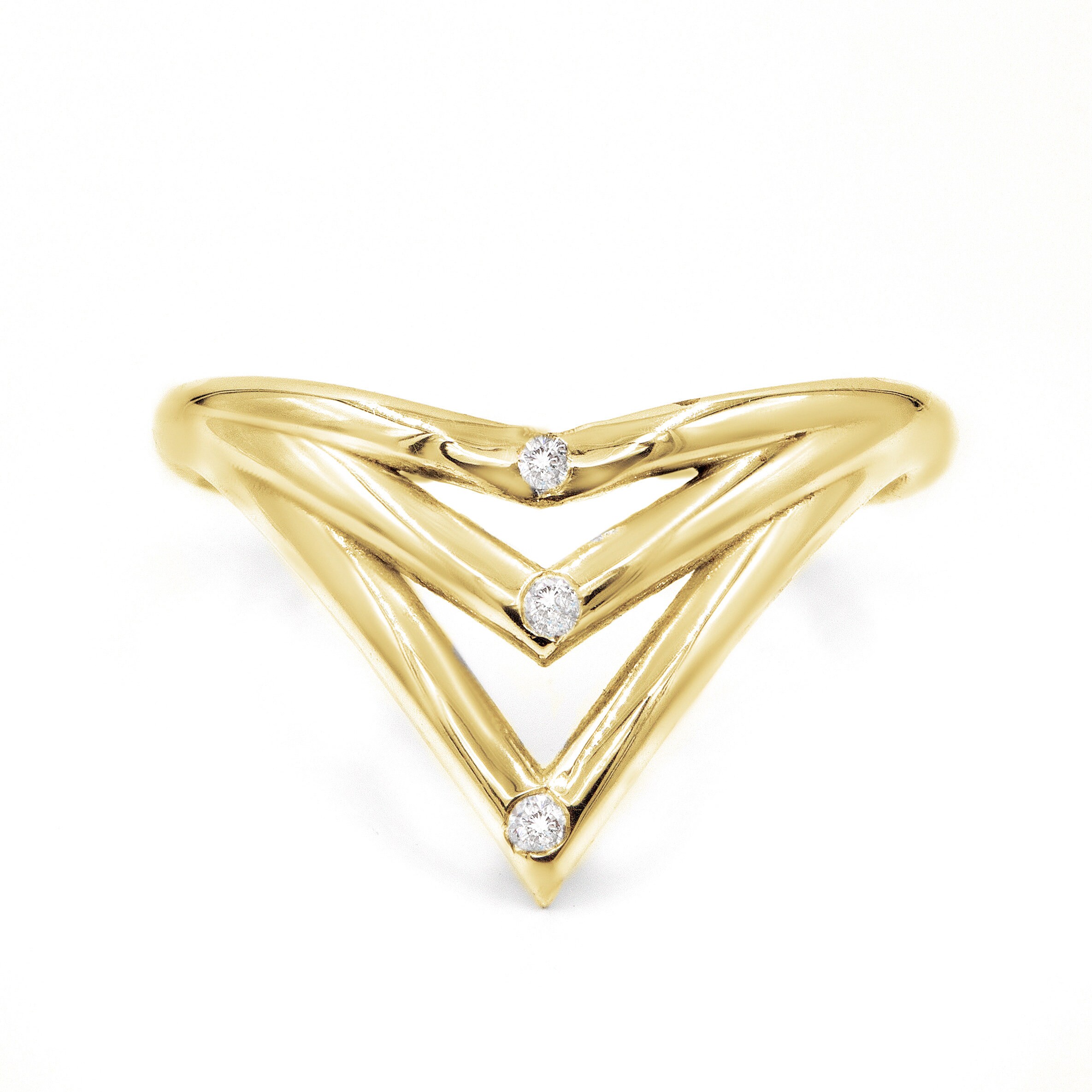 3 Diamond Chevron V Ring in Solid Gold | Etsy