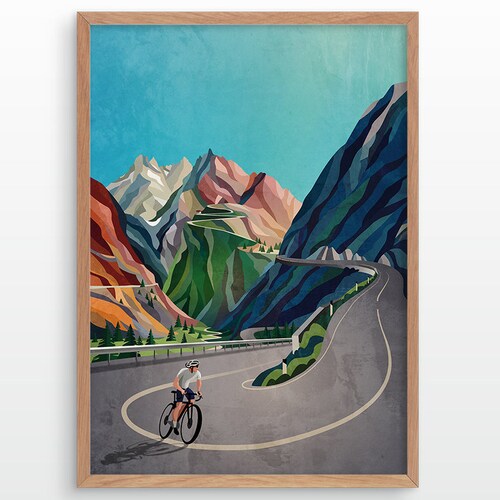 Cycling Art Print. Cyclist Ascending in Mountains. | Etsy UK