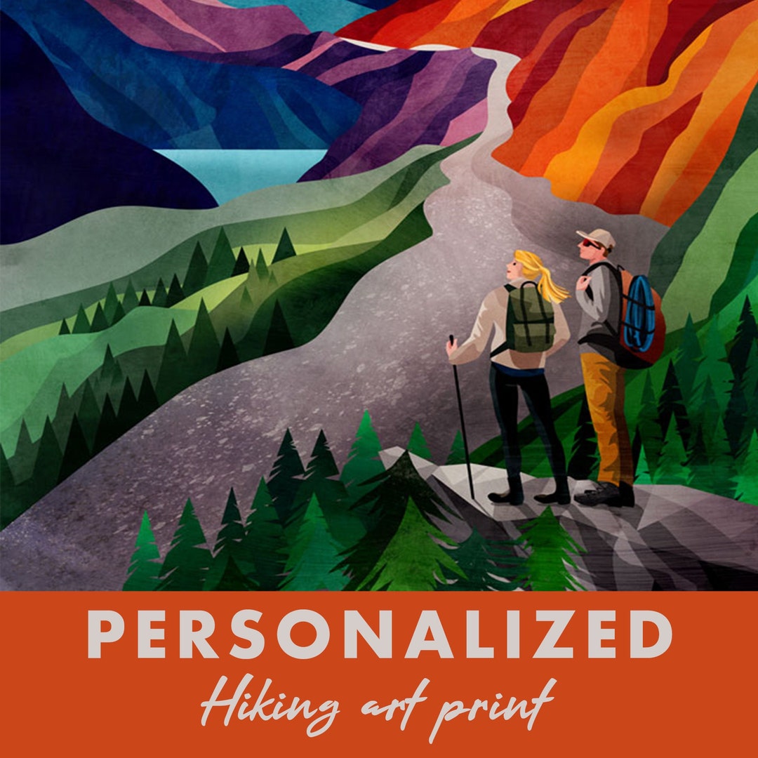 Personalized Hiking Art Print: Custom Couple Portrait, Mountaineer Gift ...