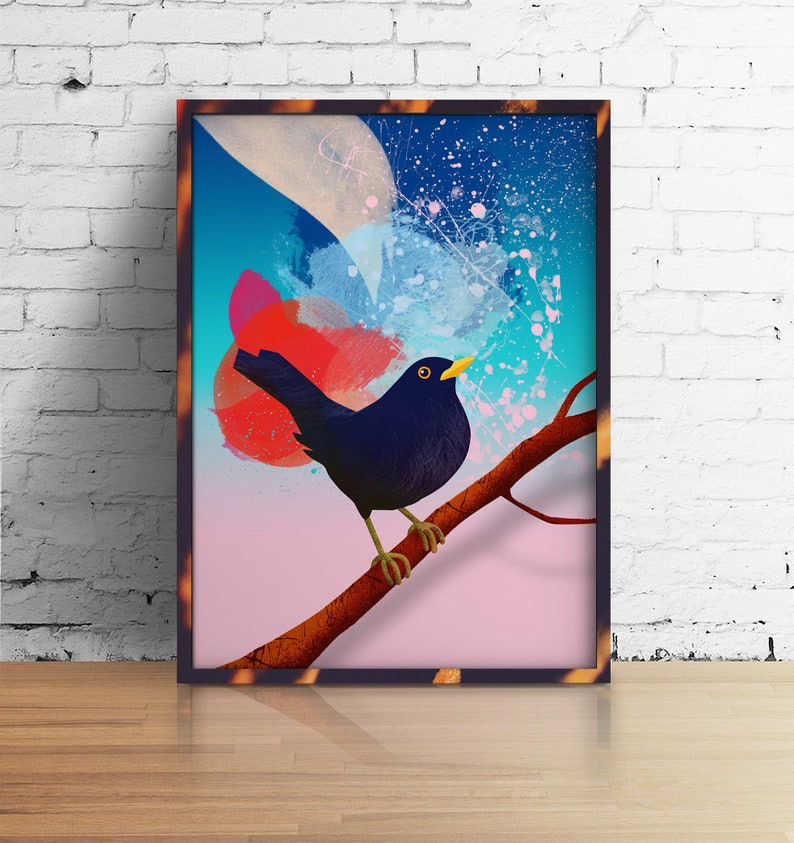 Common blackbird. Illustration. Printed on art paper. | Etsy
