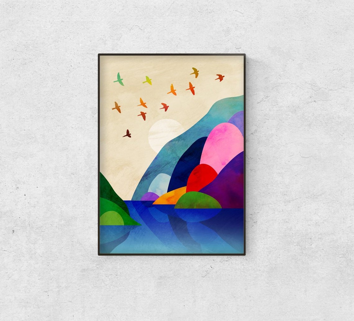 Landscape Art Print. Migrating Flock of Birds. - Etsy