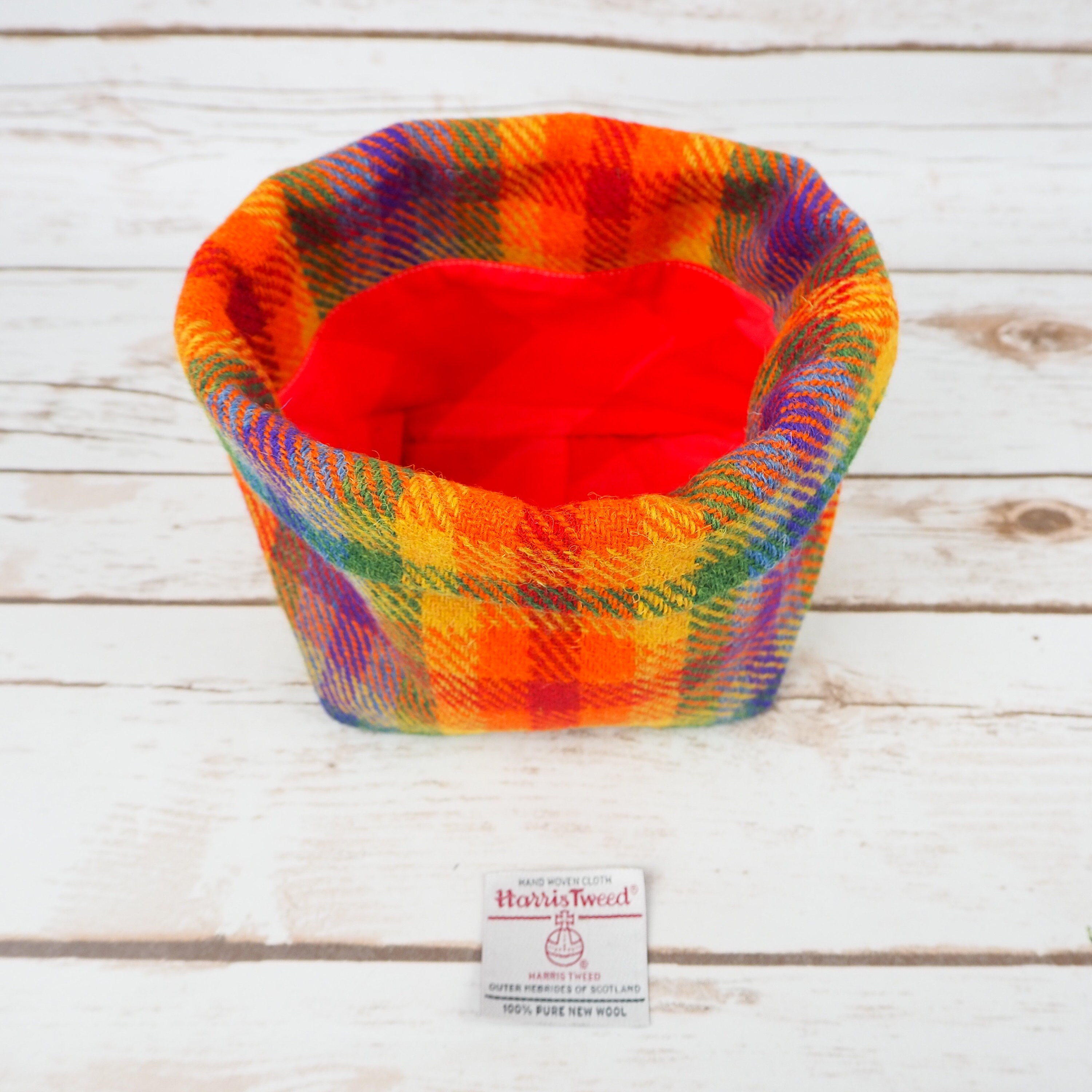 Medium Fabric Pot in Rainbow Tartan Harris Tweed