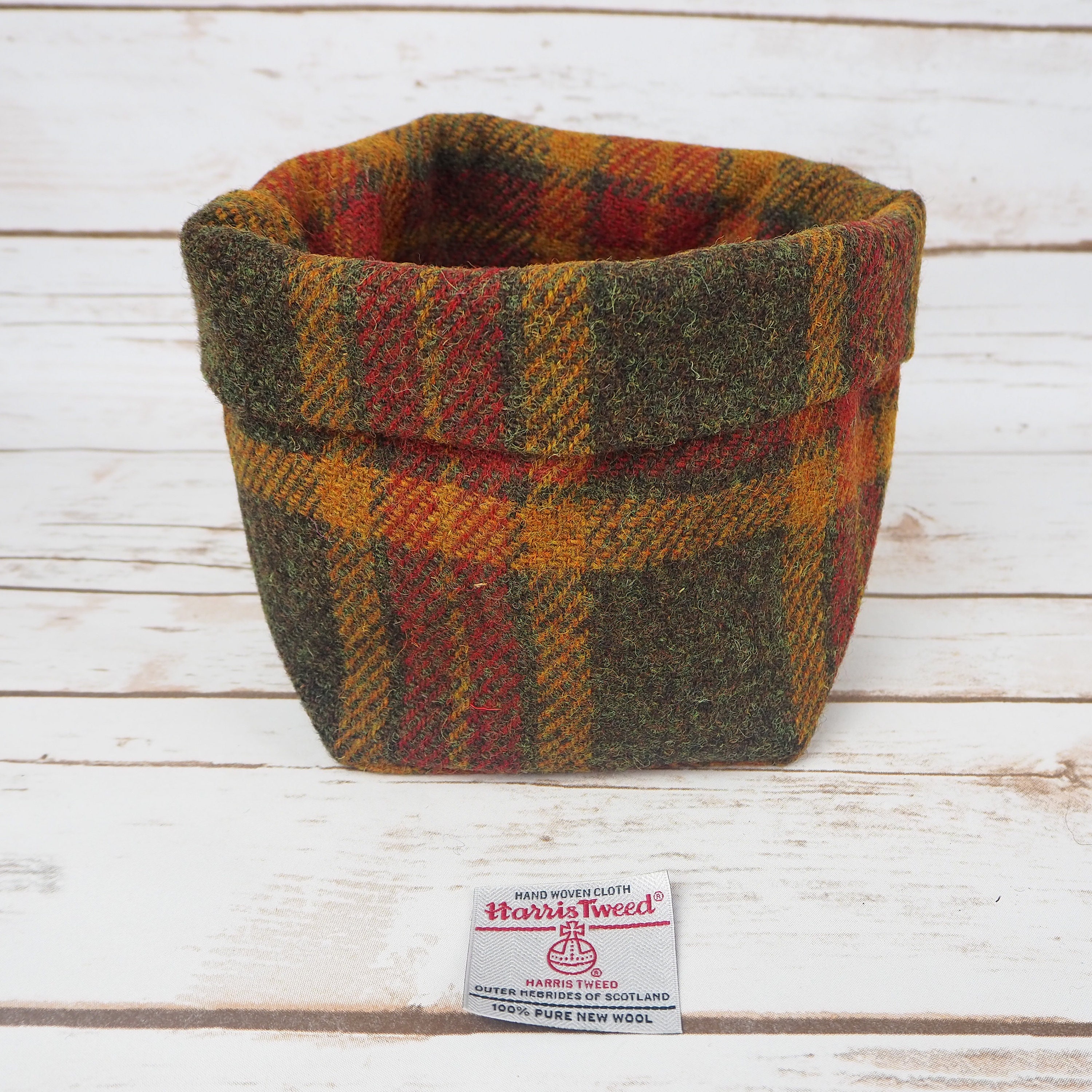 Medium Fabric Pot in Green Tartan Harris Tweed