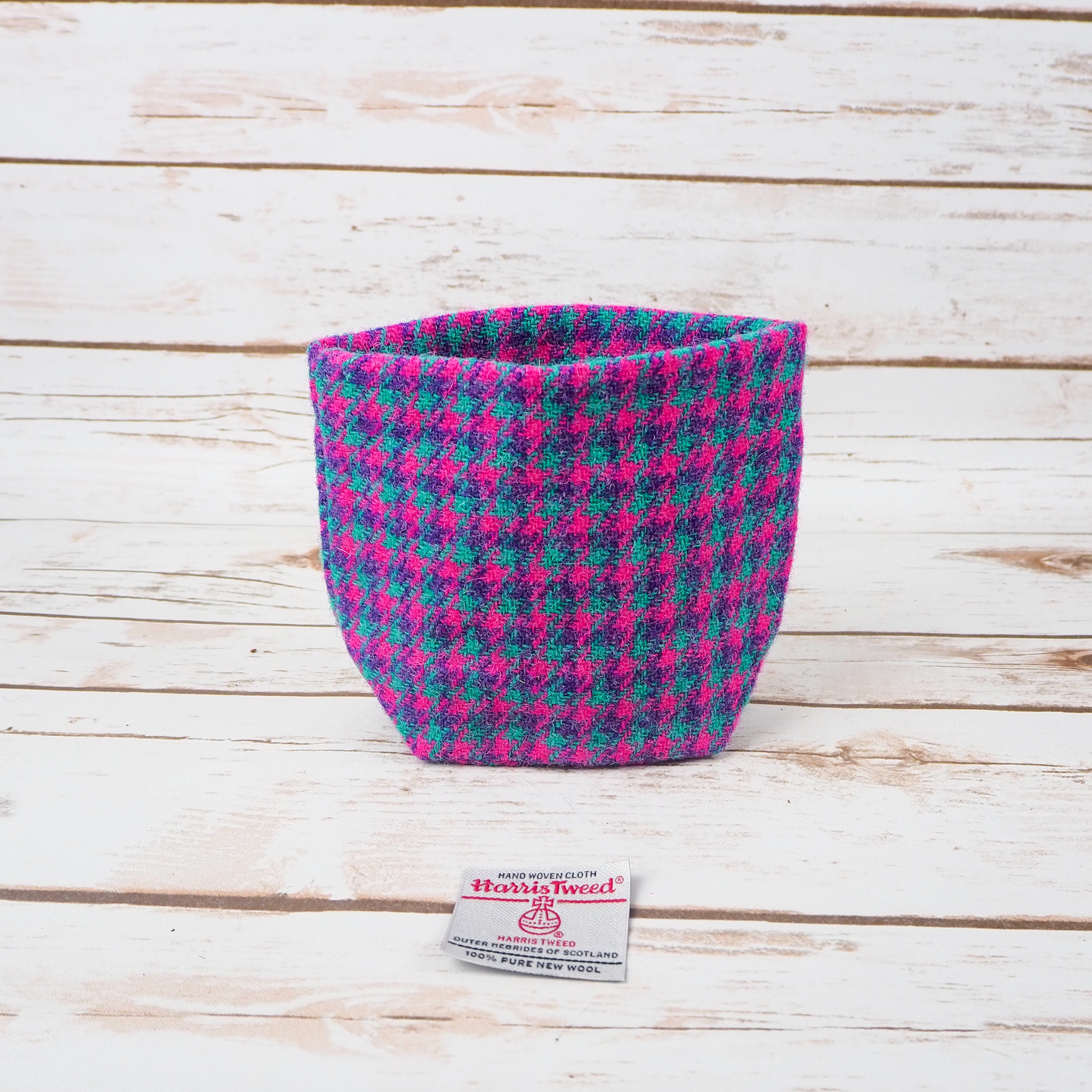 Small Fabric Pot in Pink, Purple & Teal Harris Tweed