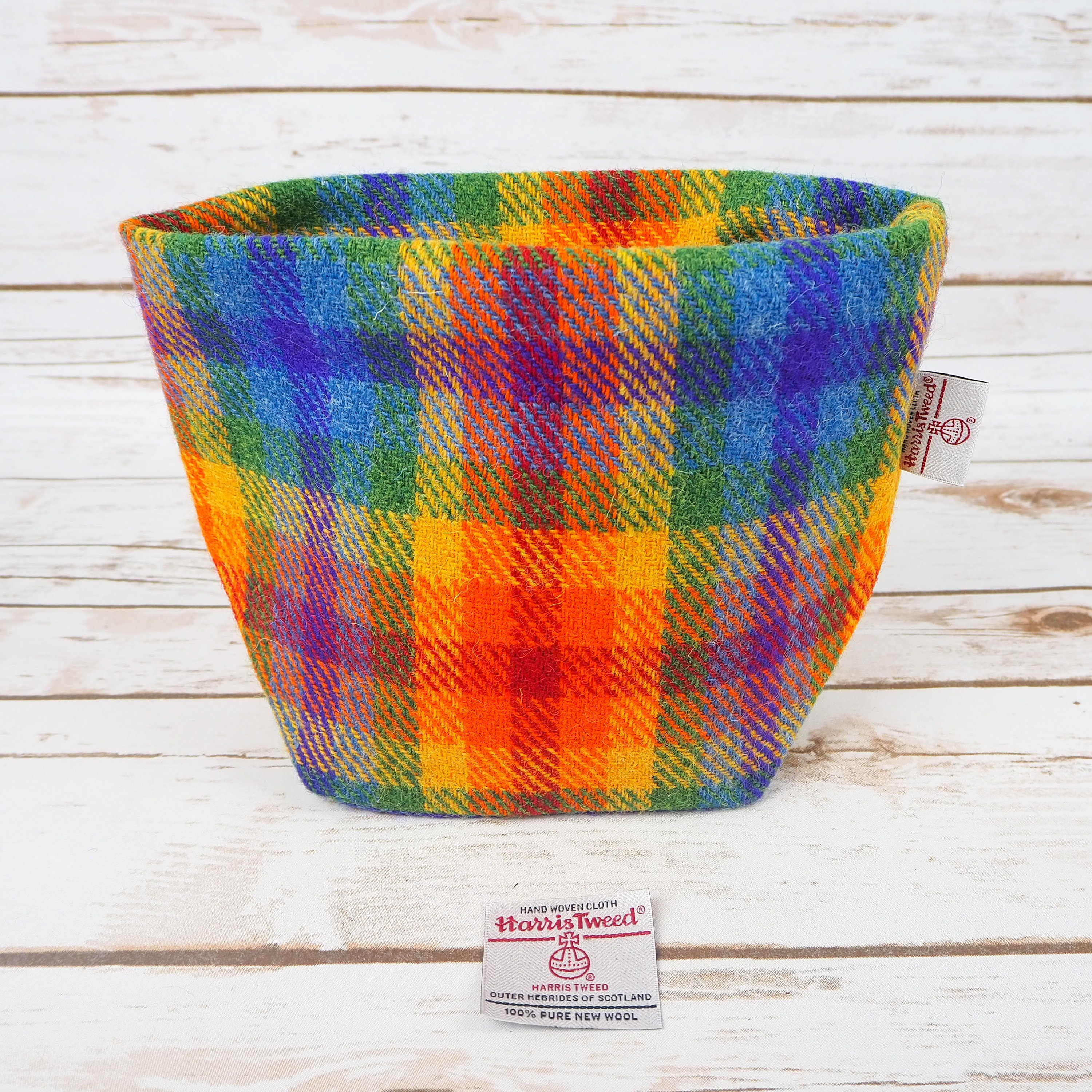 Medium Fabric Pot in Rainbow Tartan Harris Tweed