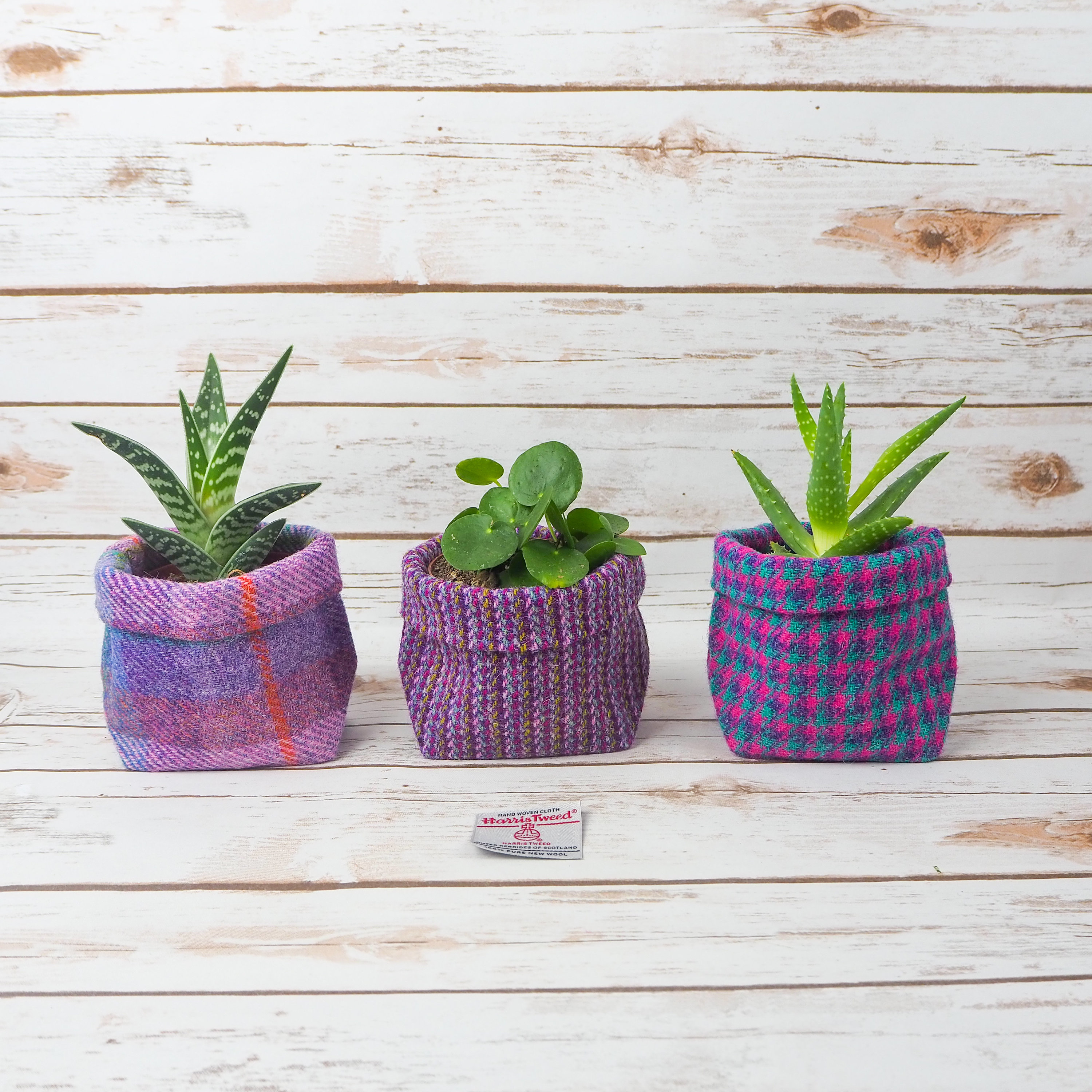 Small Fabric Pot in Pink, Purple & Teal Harris Tweed