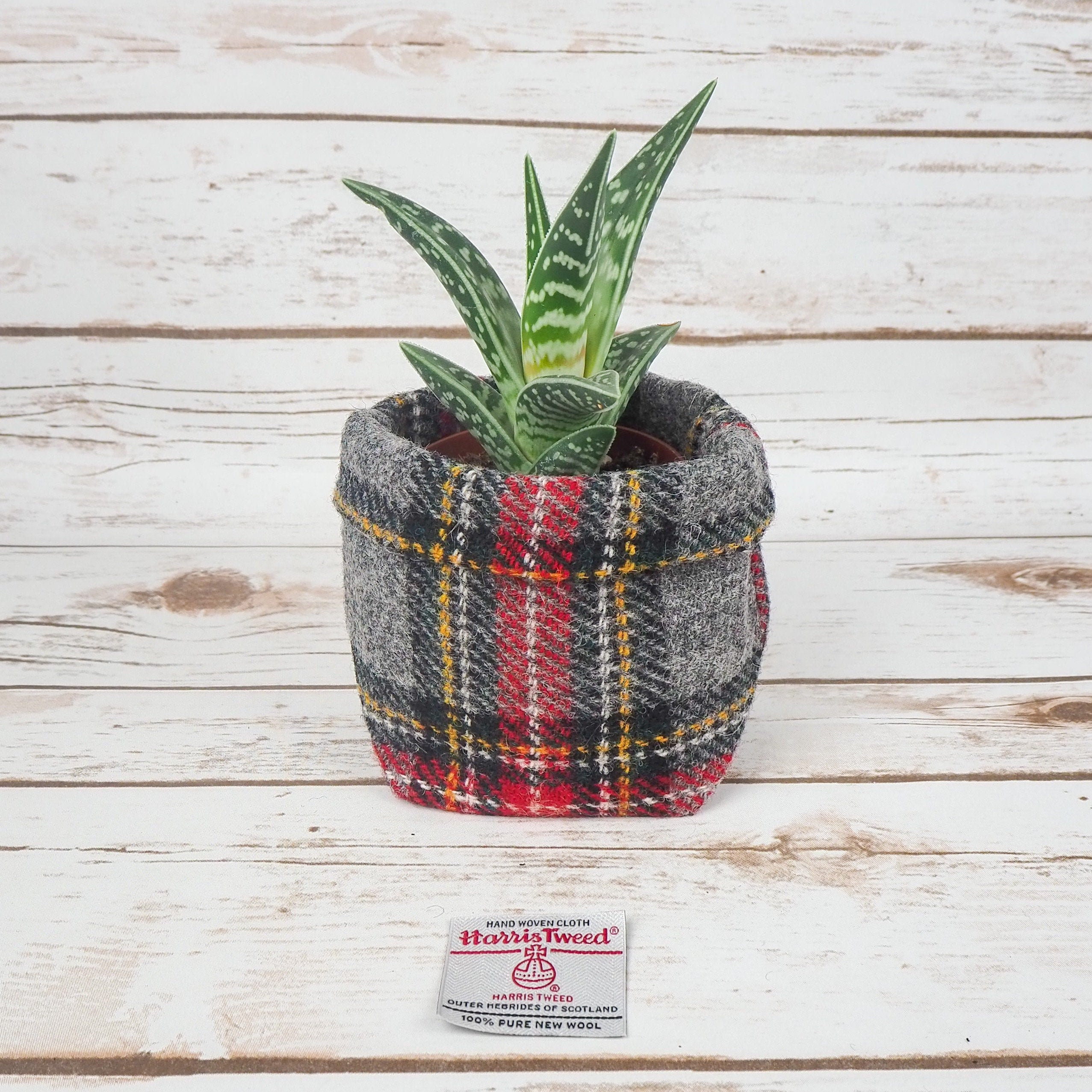 Small Fabric Pot in Grey Red & Yellow Tartan Harris Tweed