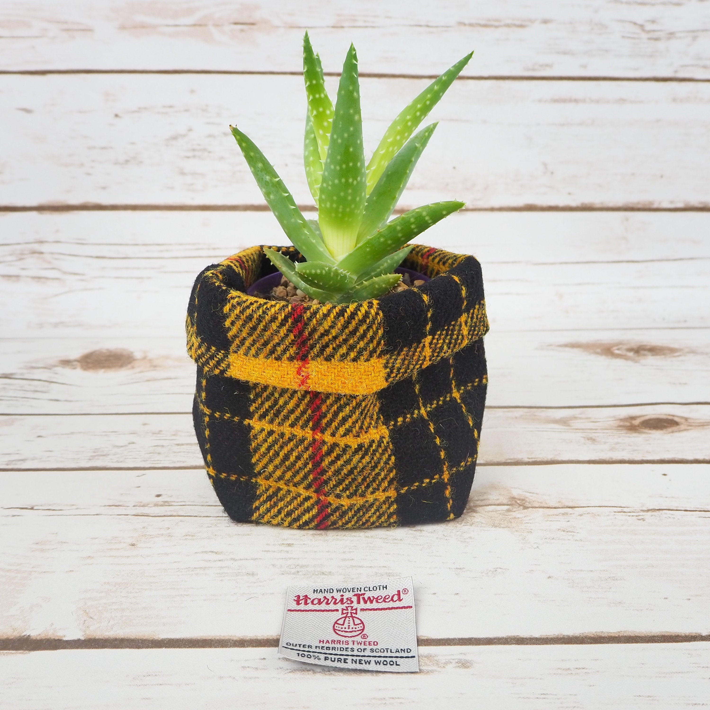 Small Fabric Pot in Yellow & Black Tartan Tartan Harris Tweed