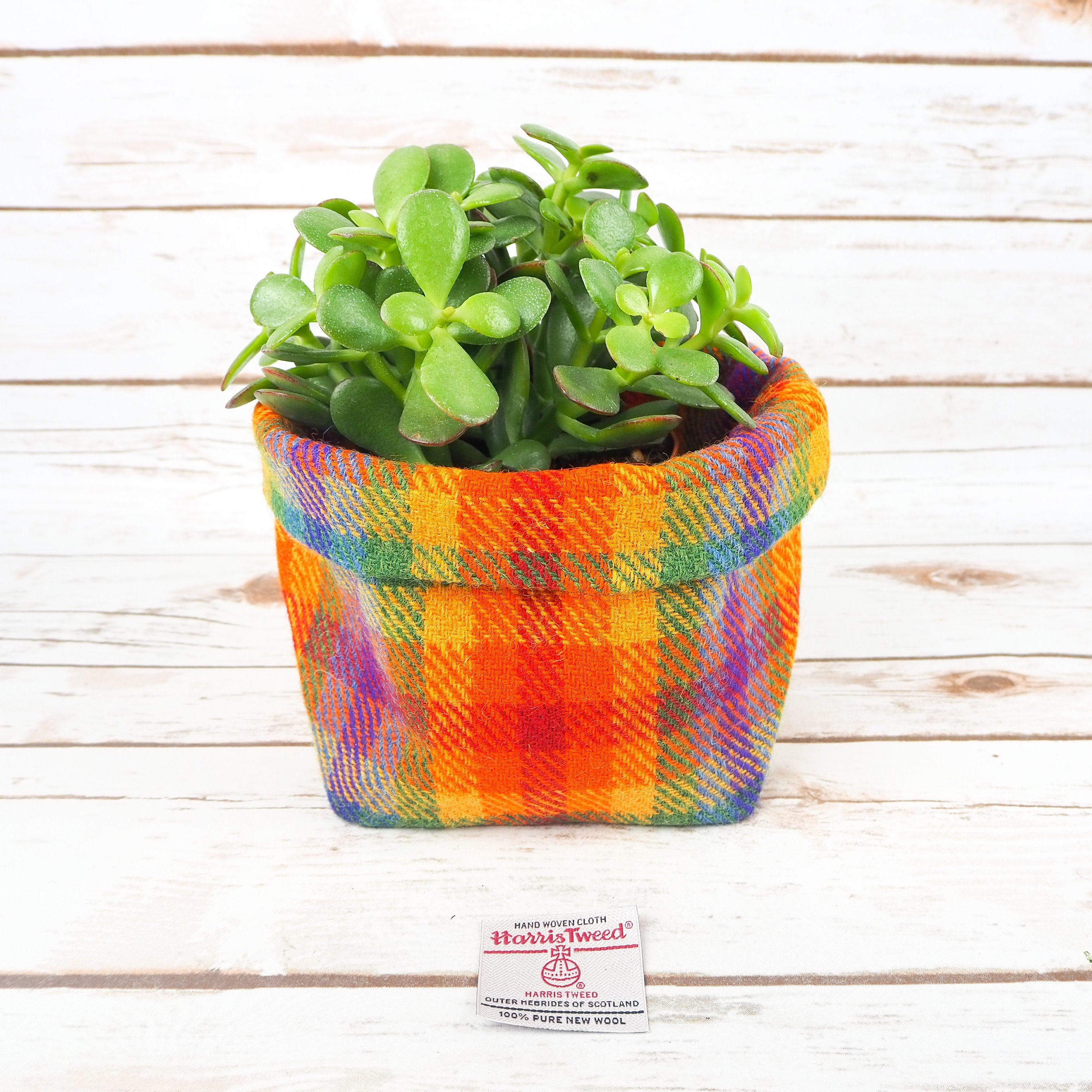 Medium Fabric Pot in Rainbow Tartan Harris Tweed