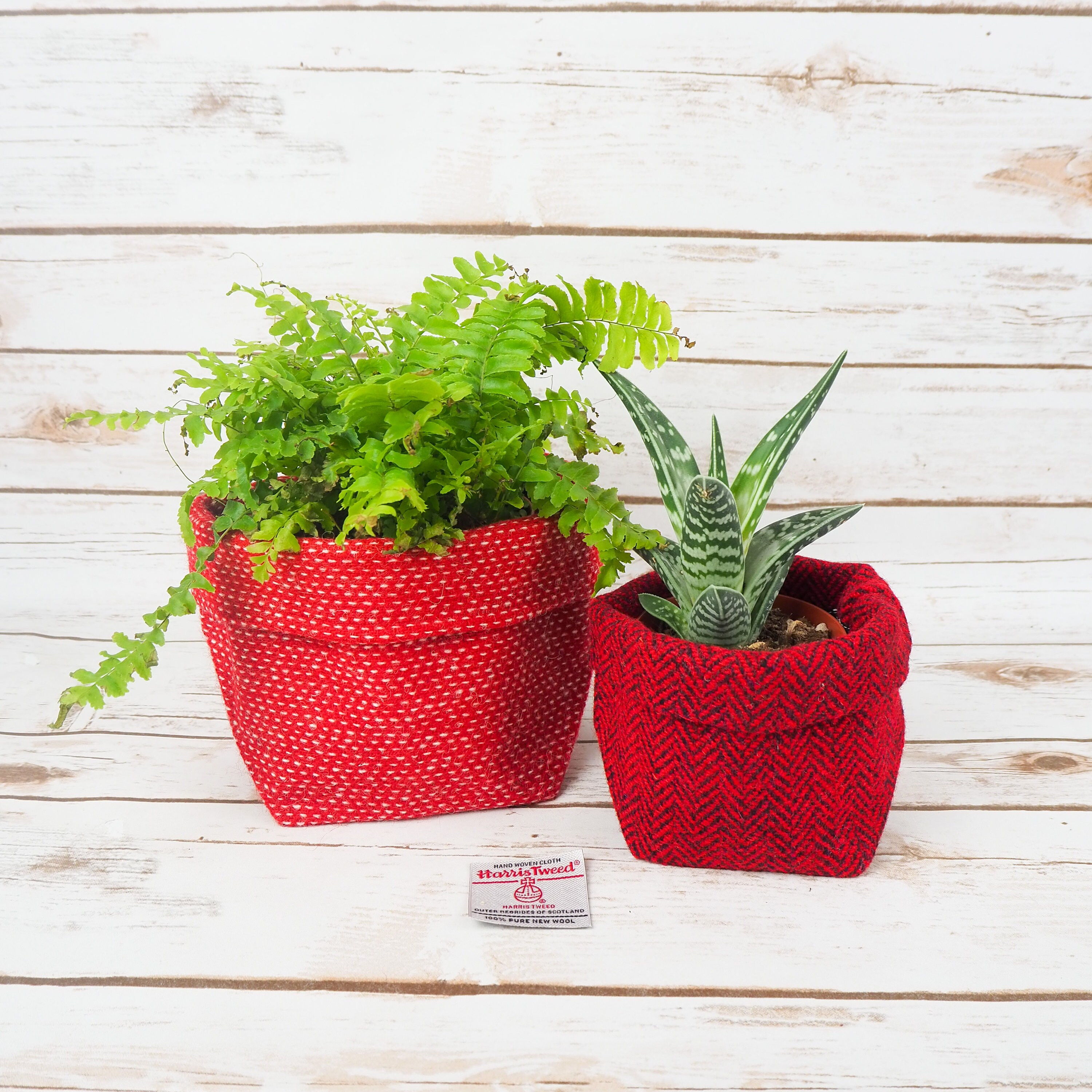 Small Fabric Pot in Red & Black Herringbone Harris Tweed