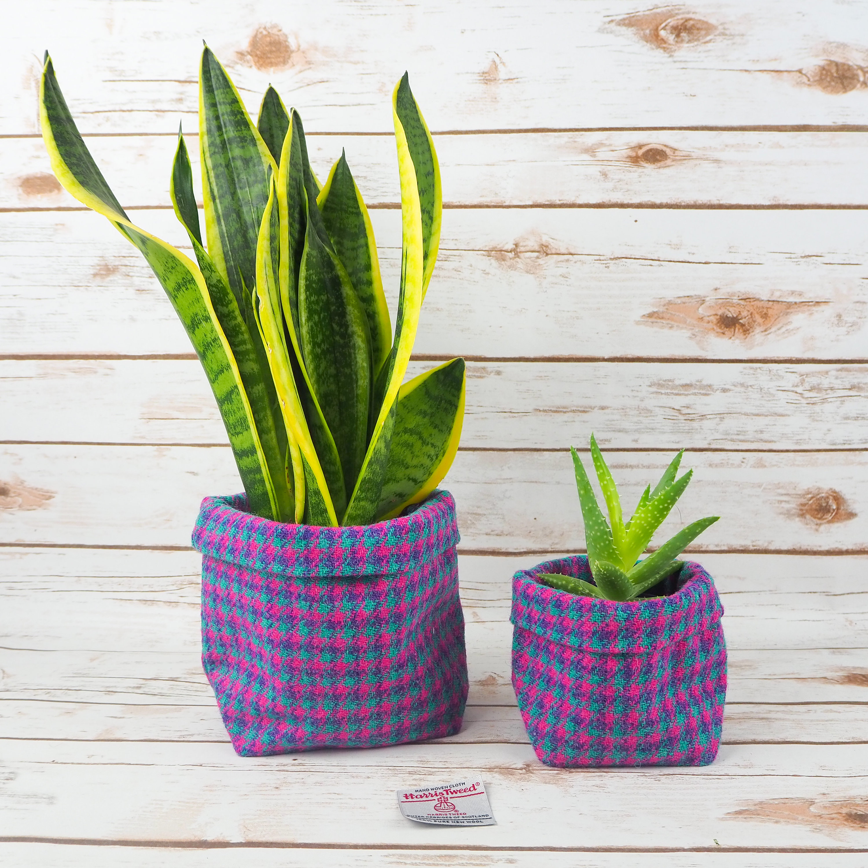 Small Fabric Pot in Pink, Purple & Teal Harris Tweed