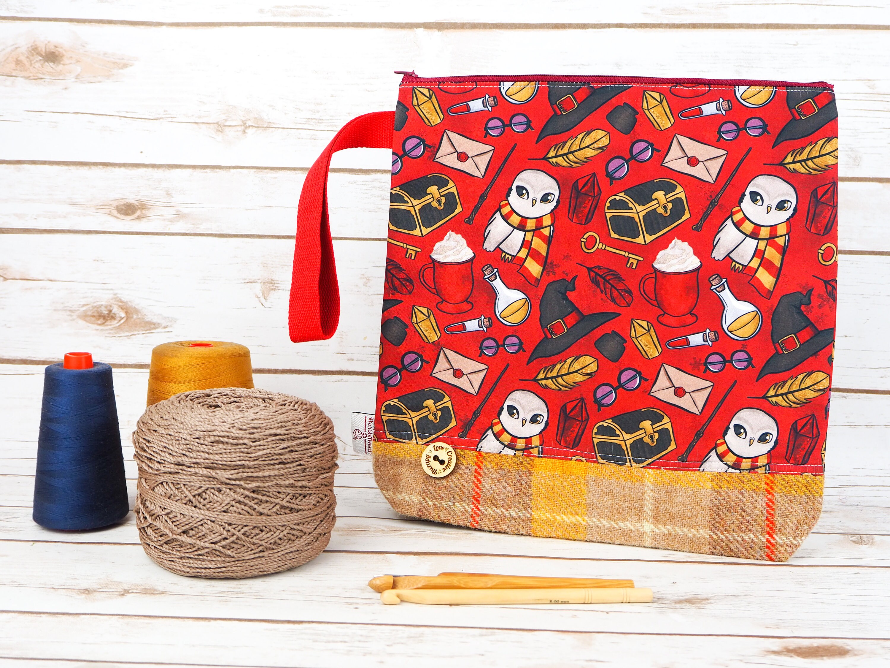 Wizard Print Project bag with Harris Tweed base