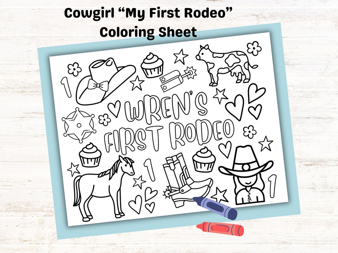 Custom My First Rodeo COWGIRL Coloring Page for Kids Birthday Party ...