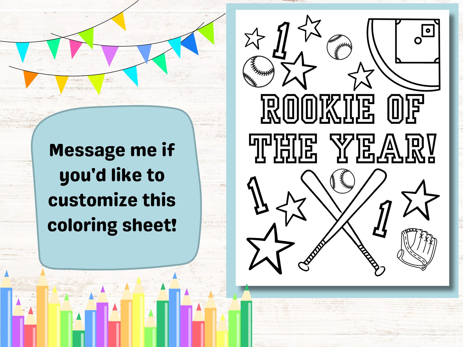 Rookie of the Year Coloring Page for Kids Birthday Party, Baseball ...