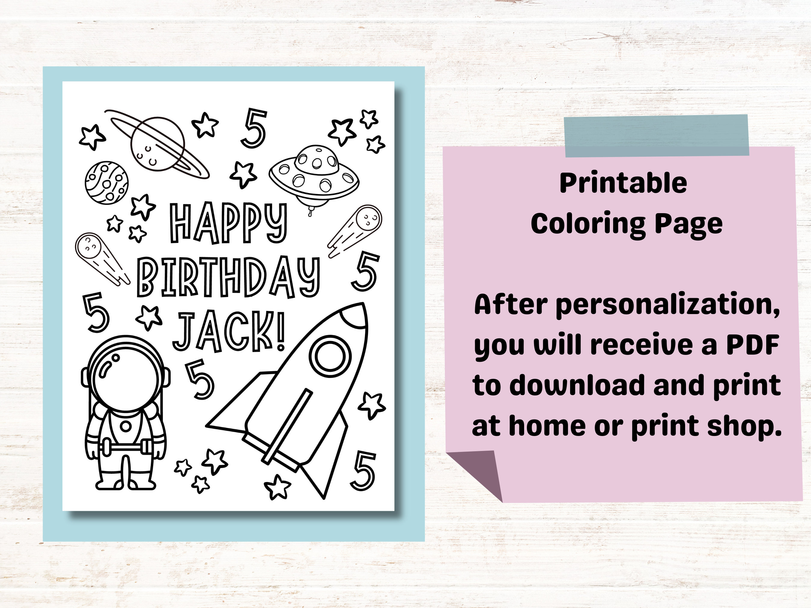 Custom Birthday Coloring Pages for Kids Party, Astronaut Birthday Party ...