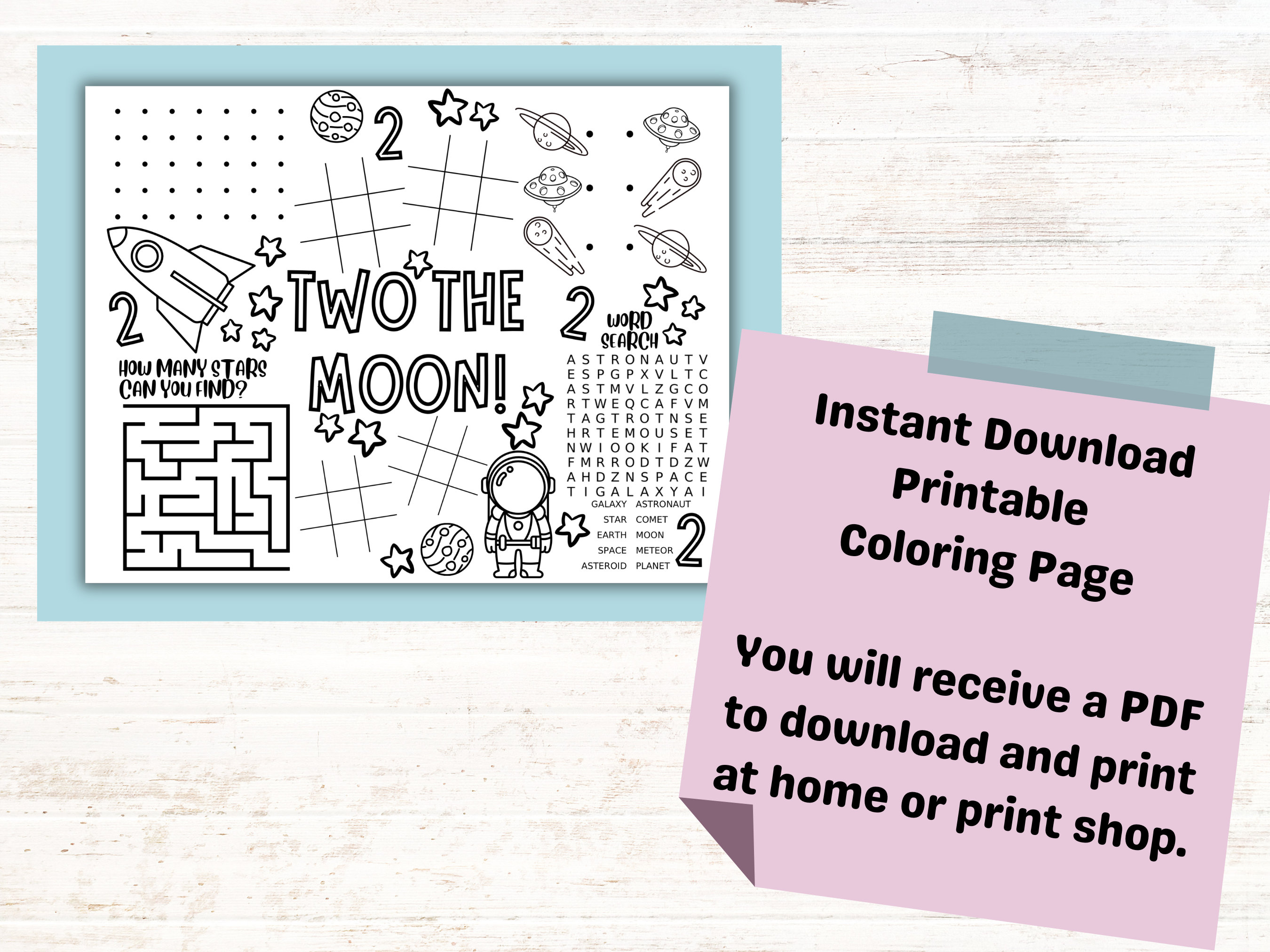 Two the Moon Activity Page for Kids Birthday Party Space 2nd - Etsy