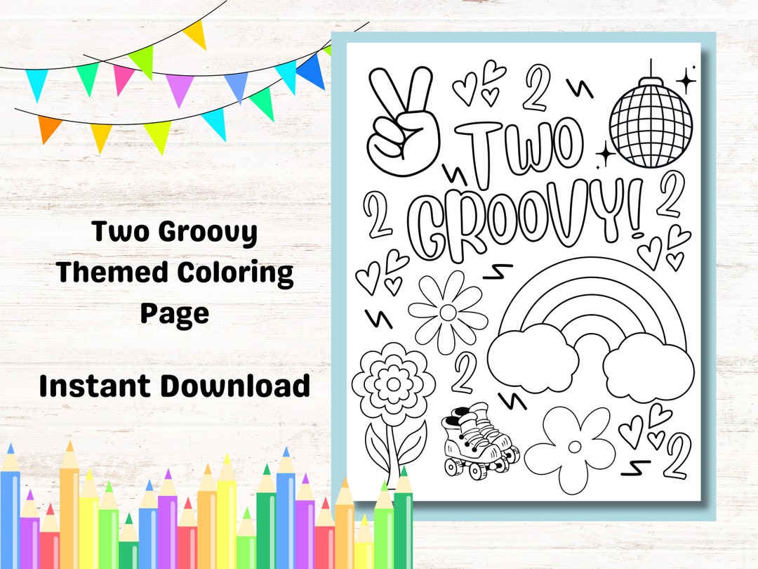 Two Groovy Coloring Sheet Kids Birthday Party Activity, Retro Theme 2nd ...