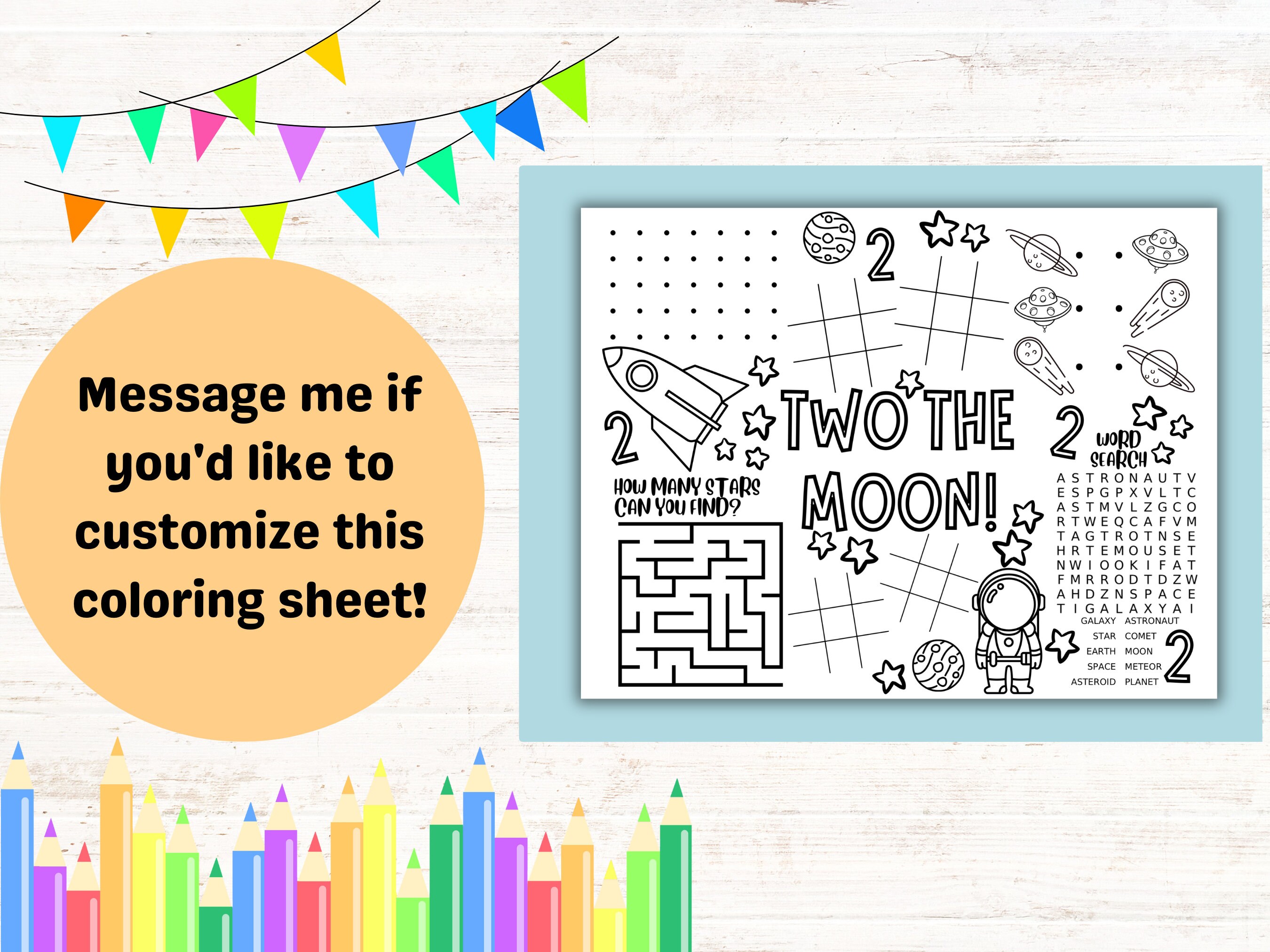 Two the Moon Activity Page for Kids Birthday Party, Space 2nd Birthday ...