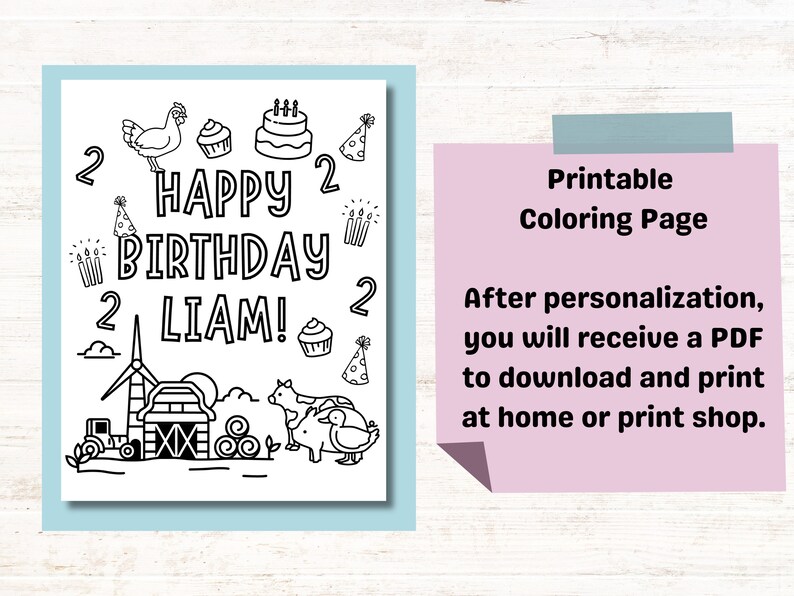 Custom Birthday Coloring Pages for Kids Party Farm Birthday - Etsy
