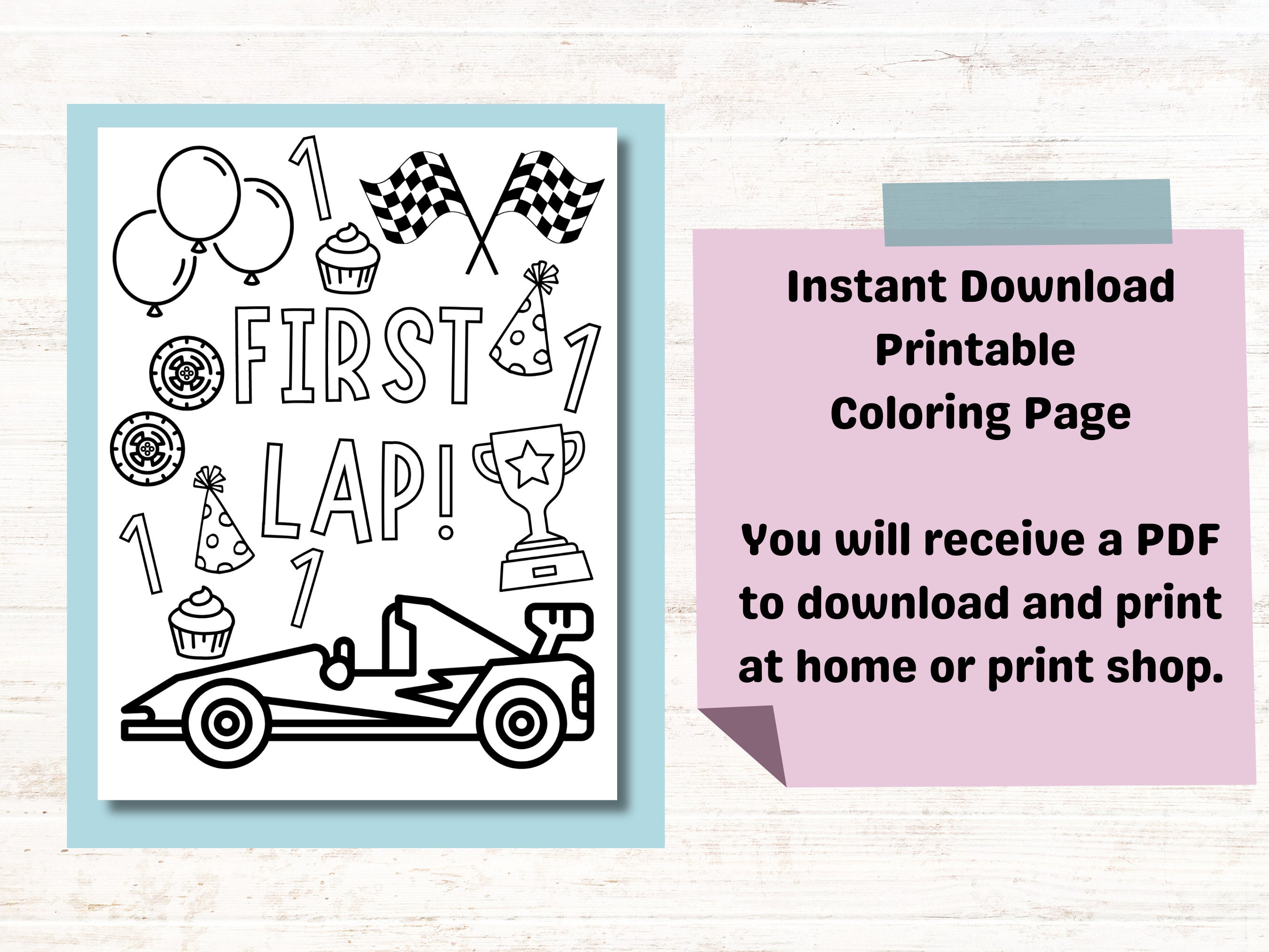 First Lap Coloring Page Kids Birthday Party Activity, Kids Party ...
