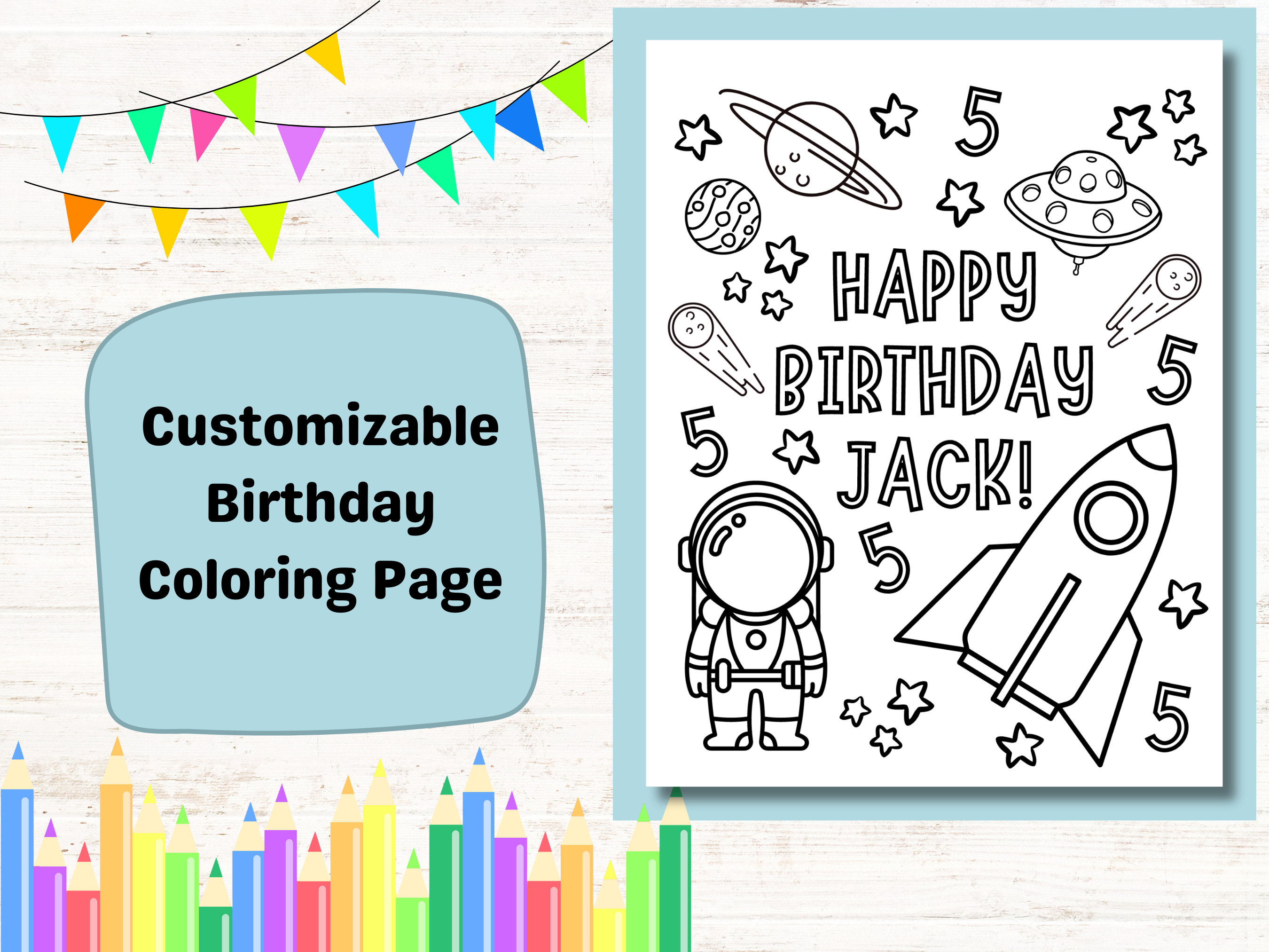 Custom Birthday Coloring Pages for Kids Party, Astronaut Birthday Party ...