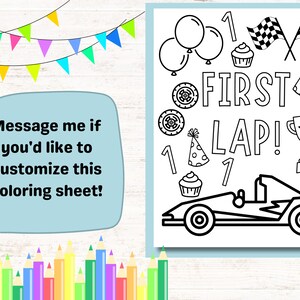 First Lap Coloring Page Kids Birthday Party Activity, Kids Party ...