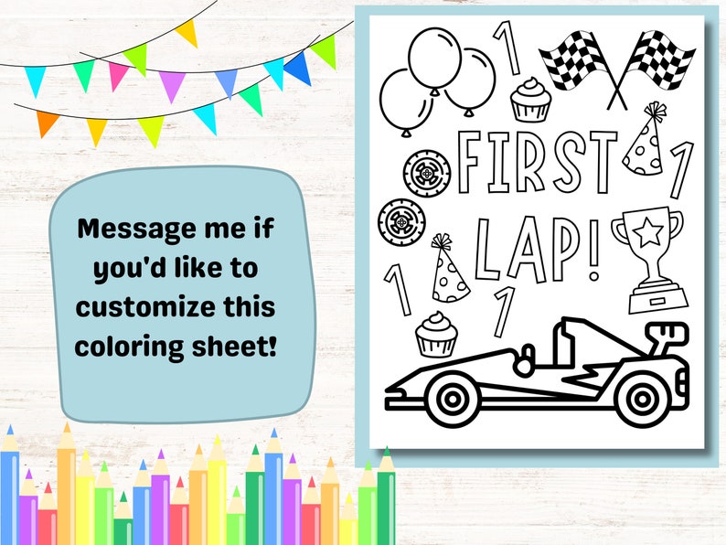 First Lap Coloring Page Kids Birthday Party Activity, Kids Party ...