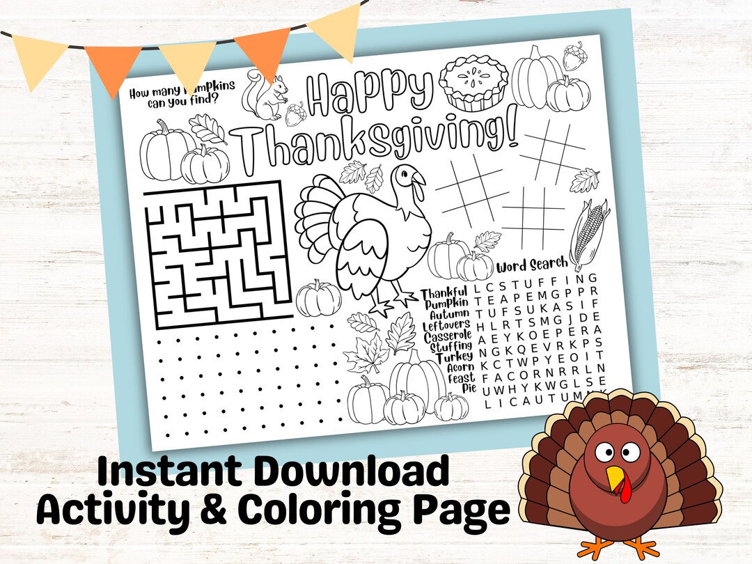 Thanksgiving Coloring and Activity Page for Kids, Holiday Placemat ...