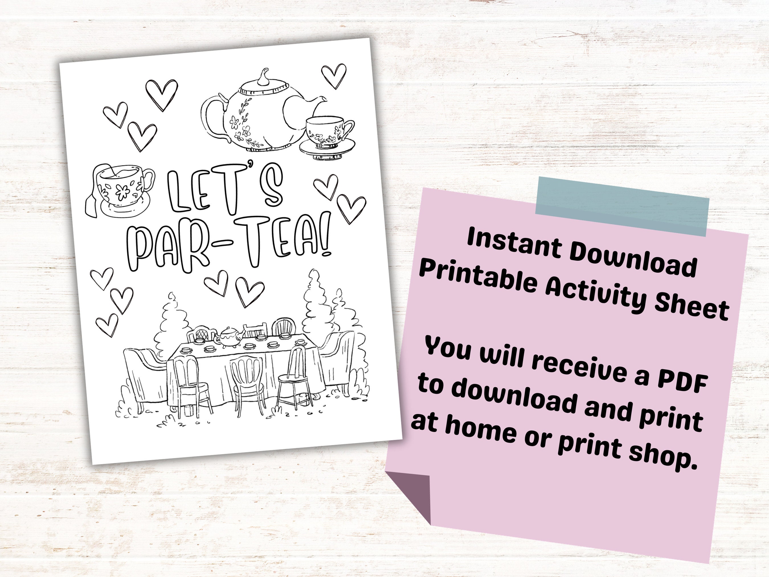 Tea Party Coloring Page for Kids Birthday Party Time to - Etsy