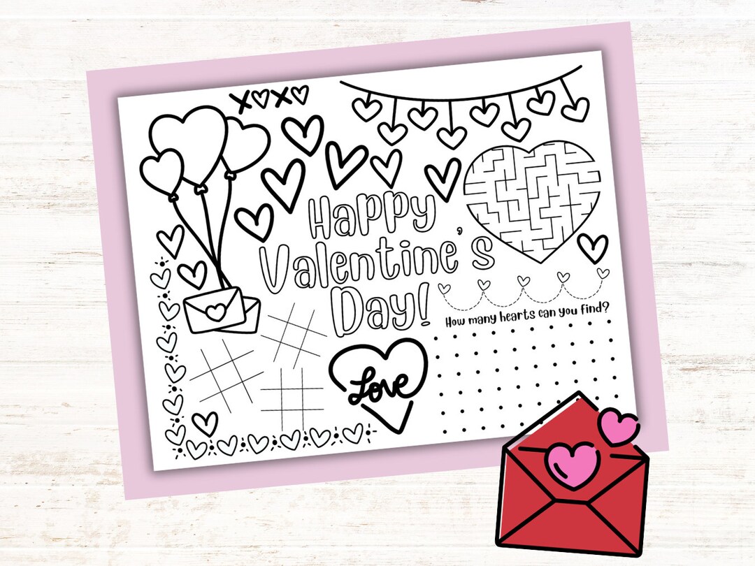 Valentine's Day Coloring and Activity Page for Kids, Holiday Placemat ...