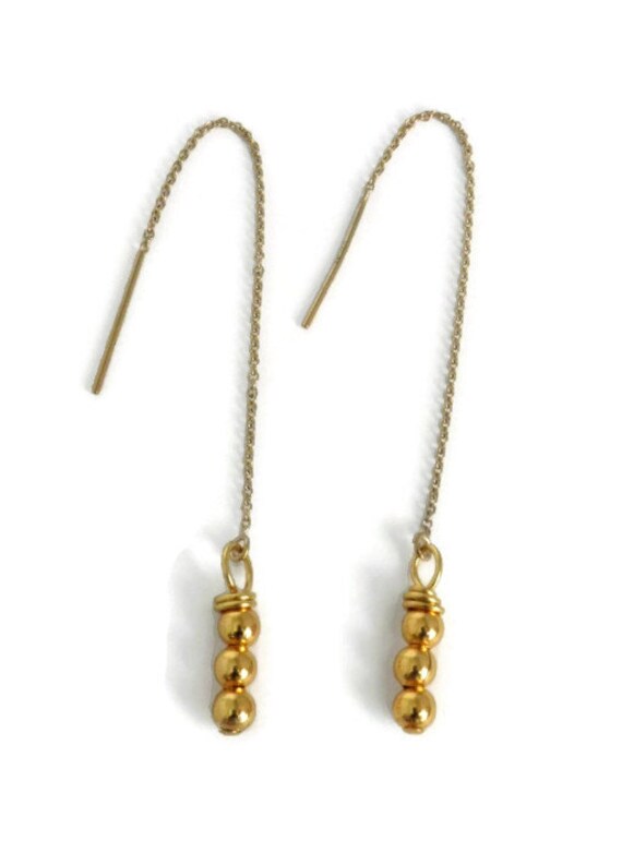 Items similar to Gold Ear Thread Earrings with Gold Round Beads, Ear ...