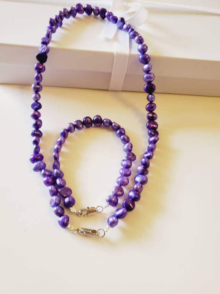Collar de perlas moradas de 6-8 mm, pulsera de perlas moradas, perla ...