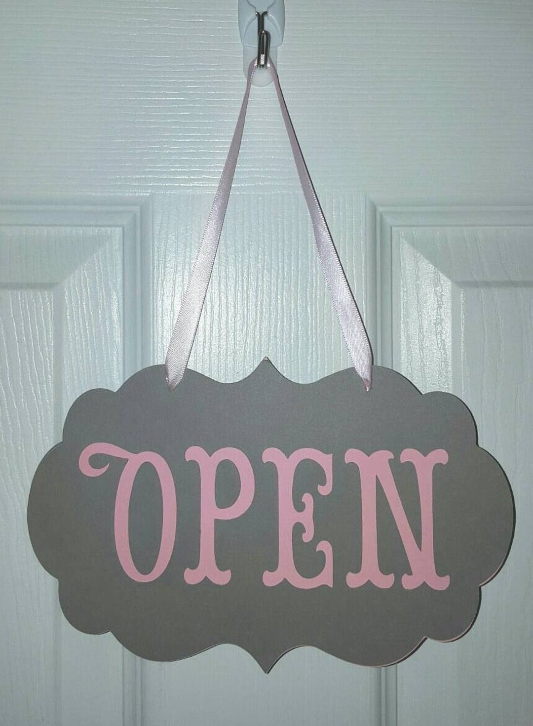 Grey and Pink Open Closed Sign, Card Stock Pink Ribbon, Boutique Door ...