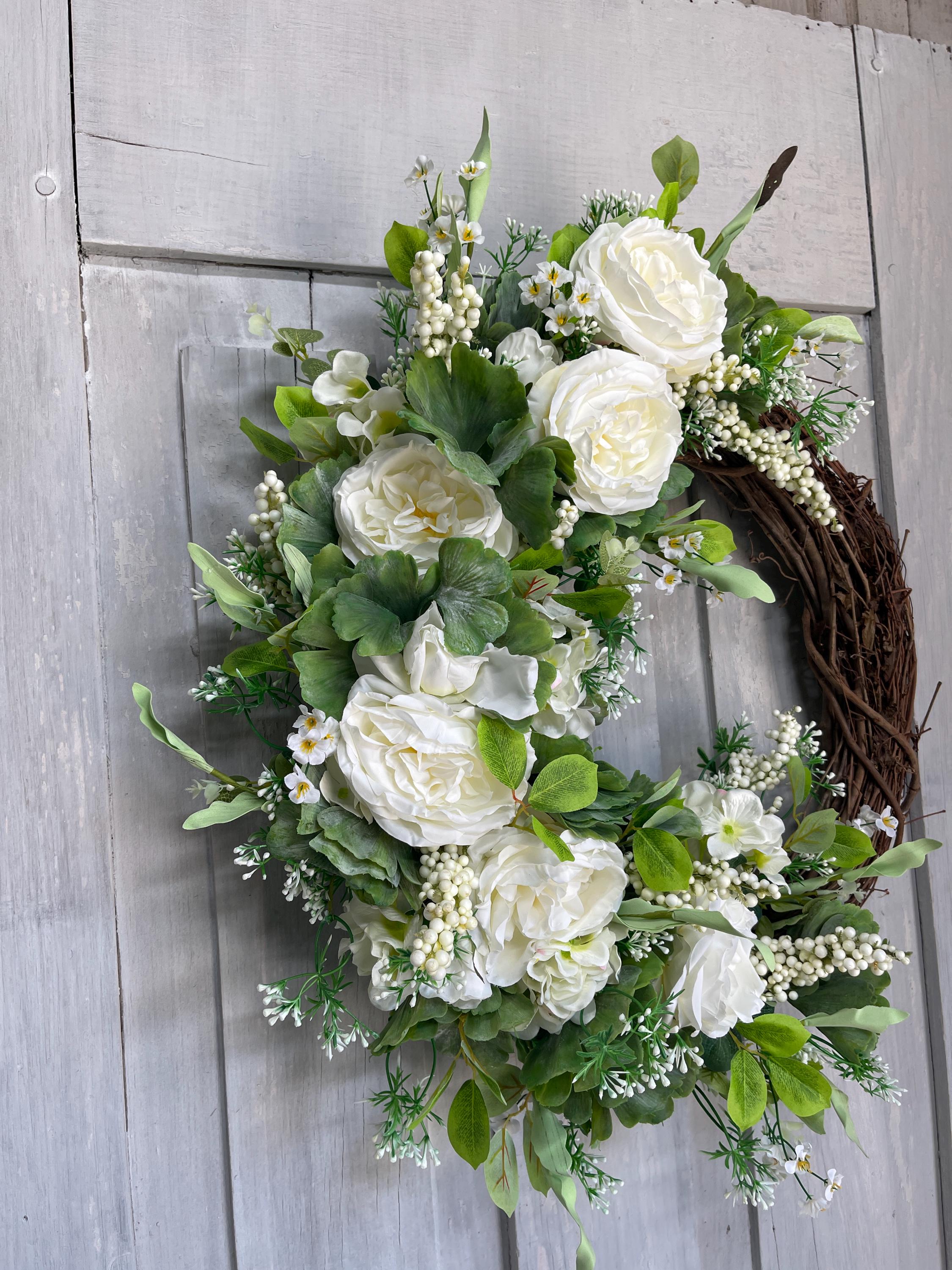 White Rose Cottage Cloud Wreath, Farmhouse Cloud Wreath With Faux Roses ...