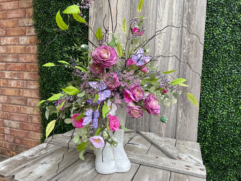 Spring Rain Boot Cottage Core Floral Centerpiece Purple Pink