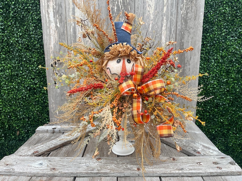 Scarecrow Candlestick Arrangement, Fall Centerpiece, Harvest ...