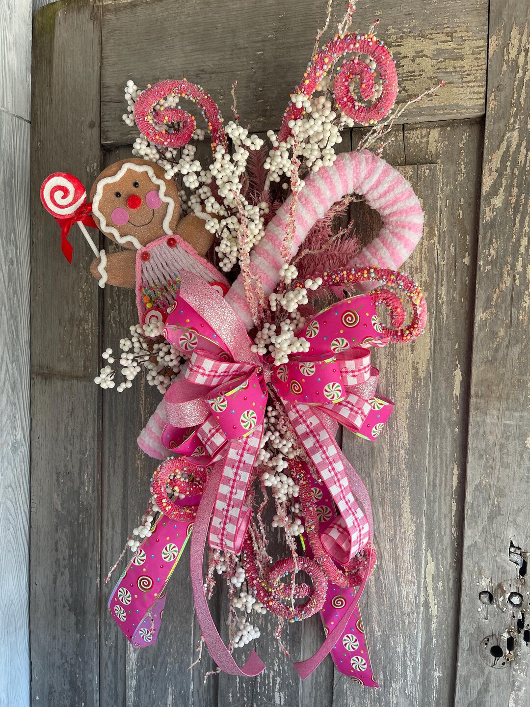 Pink Christmas Gingerbread Candy Swag Front Door Wreath for a Sweet ...