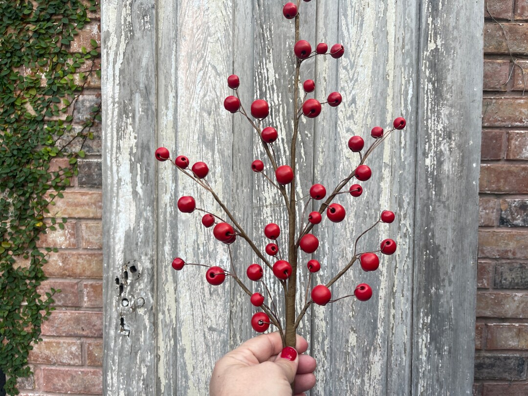 Wood Bead Red Berry Stem, Christmas Red Berry , Berries for Wreaths ...