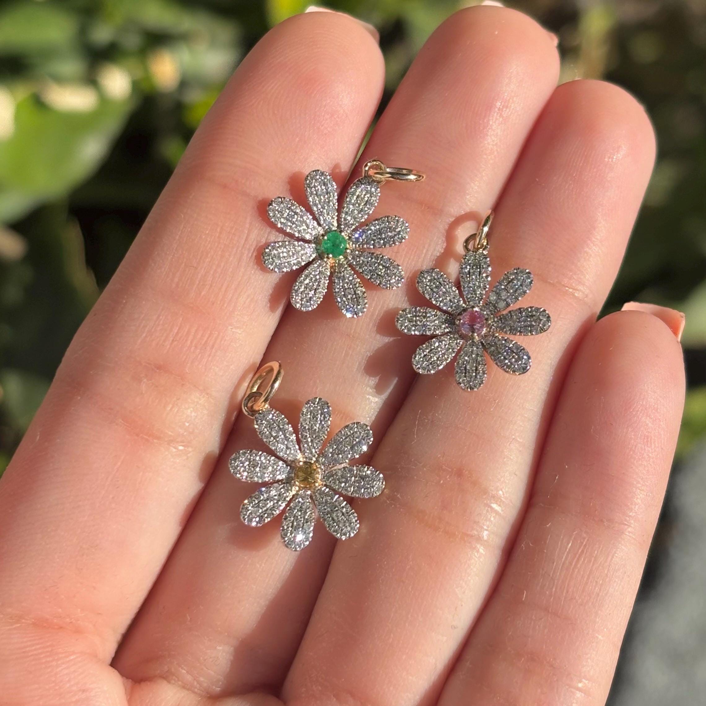 14K Solid Gold Diamond Daisy Charm Pendant, Natural Diamonds, Gifts for ...