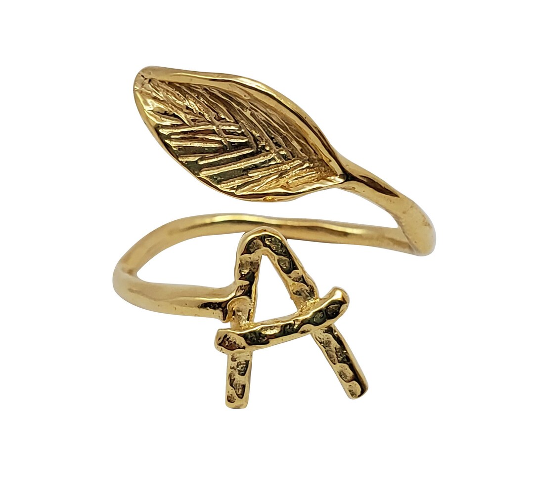 Gold Letter Ring ,14K Solid Gold Custom Letter Ring ,initial Gold Leaf ...