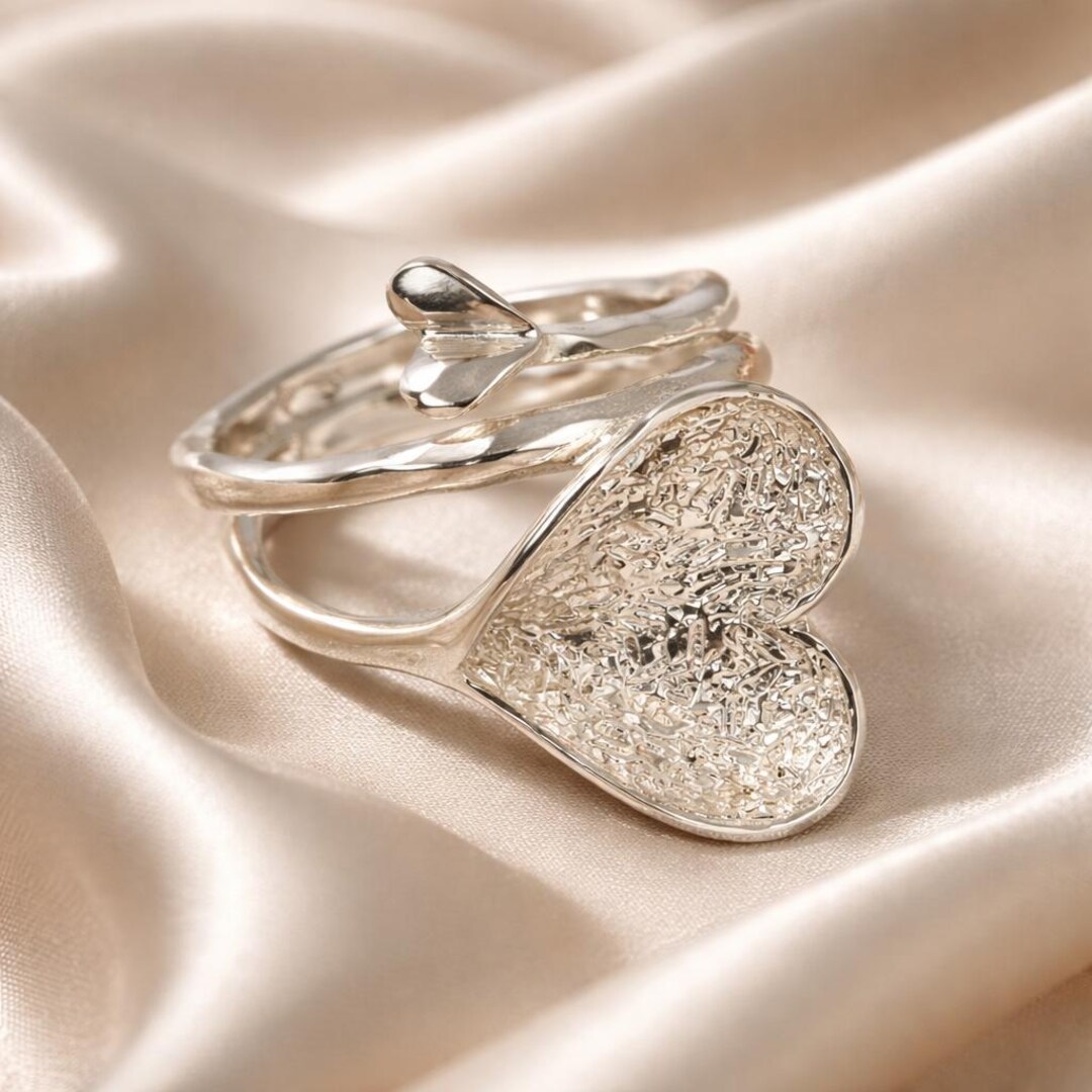 Handmade Sterling Silver Two Hearts Ring: Modern Texture Ring - Etsy