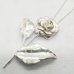 Sterling Silver Rose Pendant: Large Floral Necklace With Stem & Leaves ...