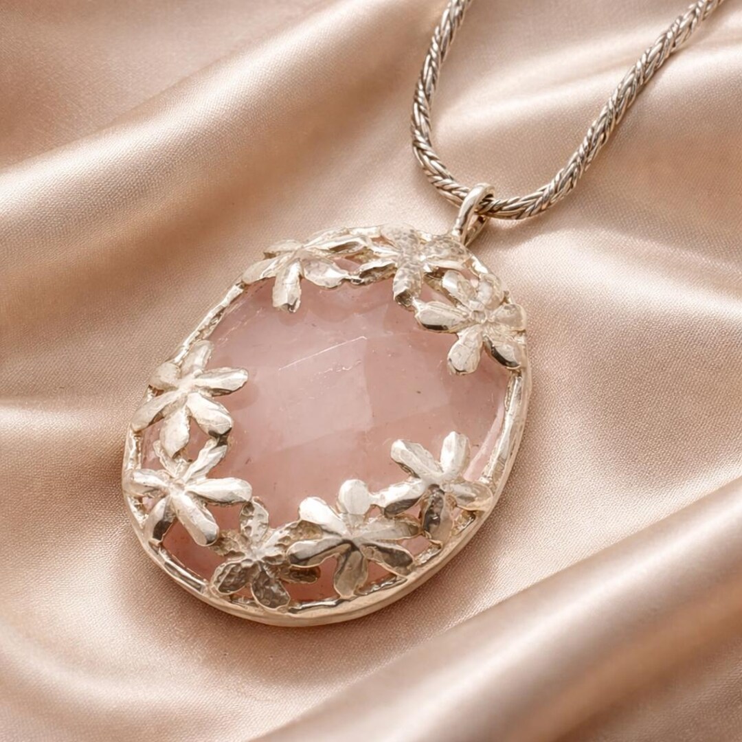 Rose Quartz Sterling Silver Pendant: Oval Gemstone With Flower Details ...