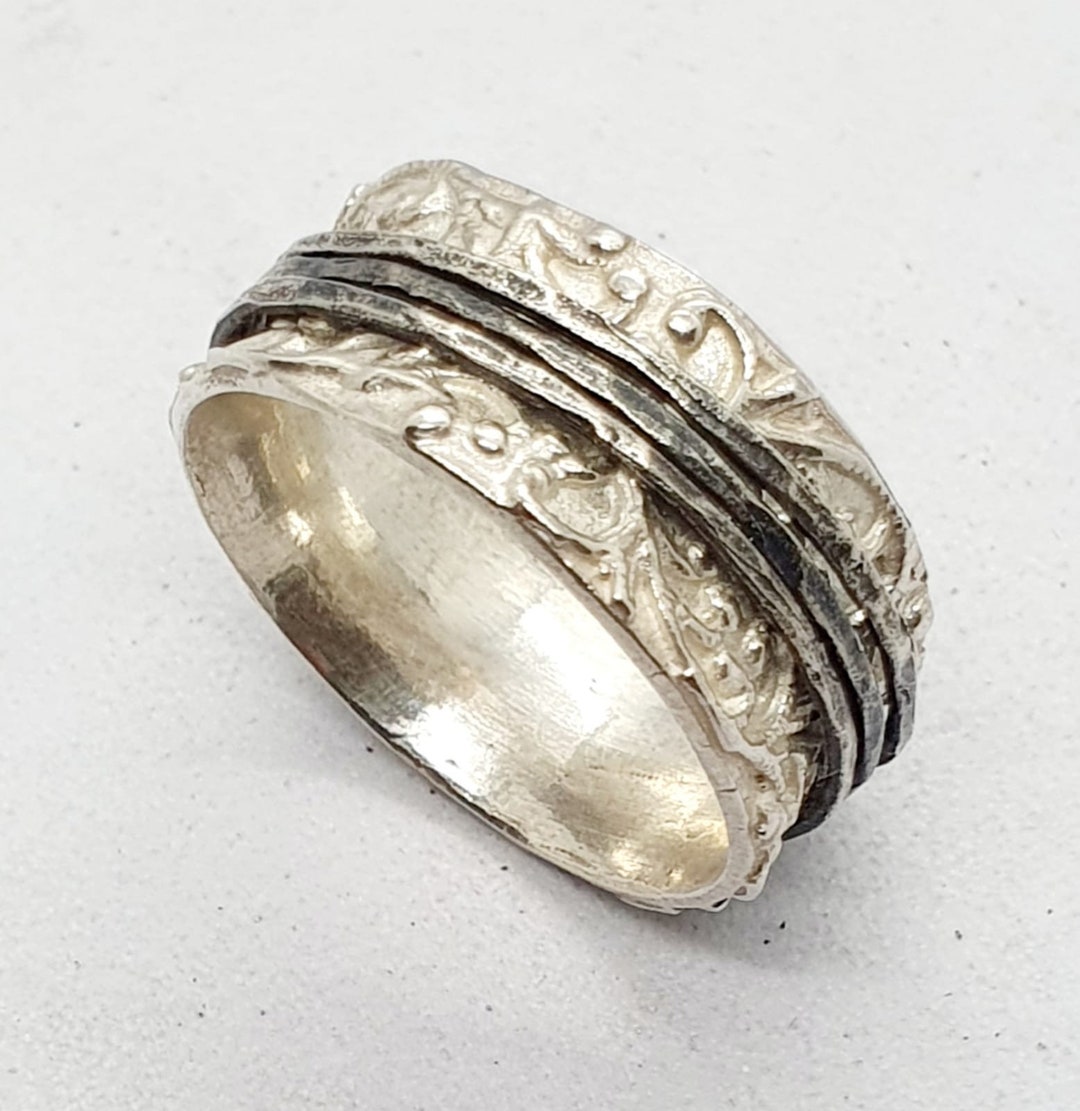 Wide Sterling Silver Spinner Ring: Lace Texture, Oxidized Hammered ...
