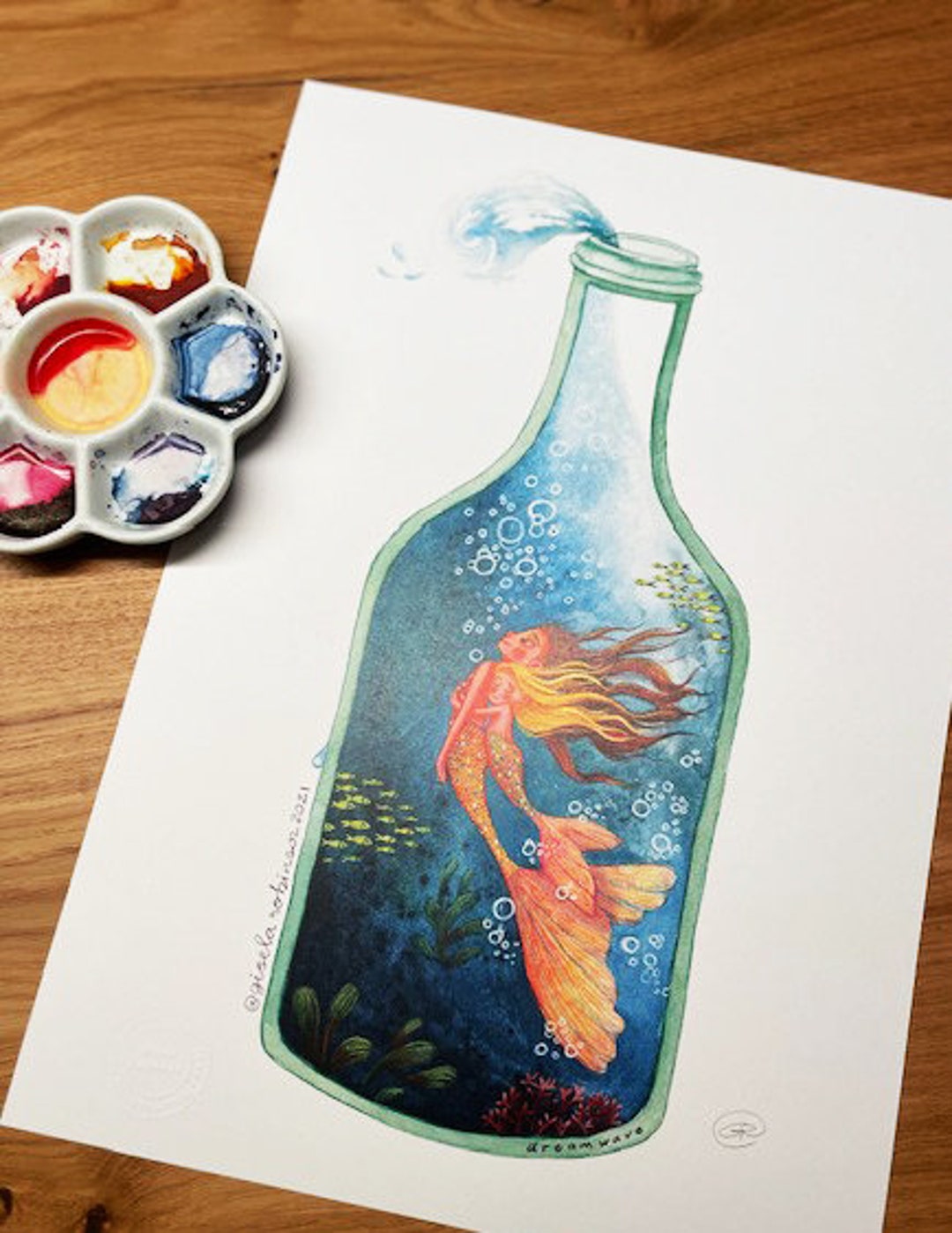Mermaid and Girl Swimming Print Mermaid in A Bottle Art Girl in Ocean ...