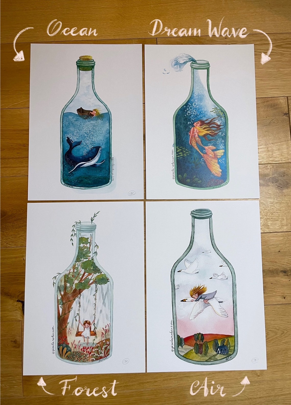 Mermaid and Girl Swimming Print Mermaid in A Bottle Art Girl in Ocean ...